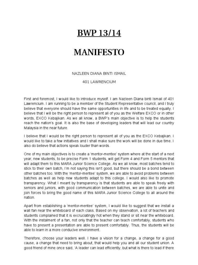 Student Council Manifesto for Welfare EXCO | PDF | Cognition