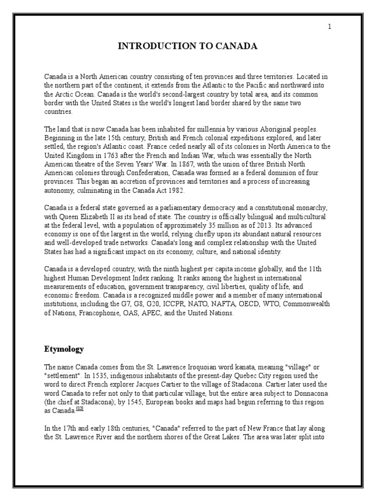 Introduction To Canada: Etymology | PDF | Provinces And Territories Of ...