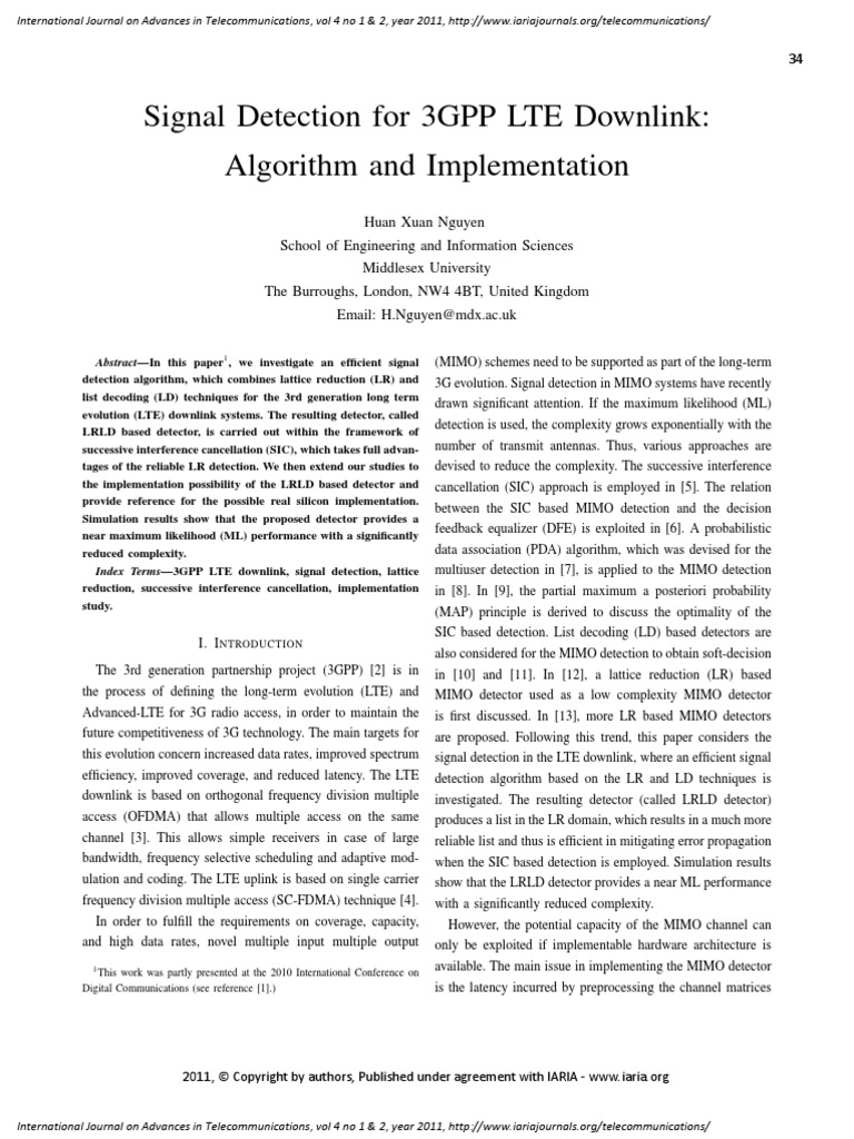 Signal Detection For 3GPP LTE Downlink: Algorithm and Implementation | PDF | Mimo | Matrix ...