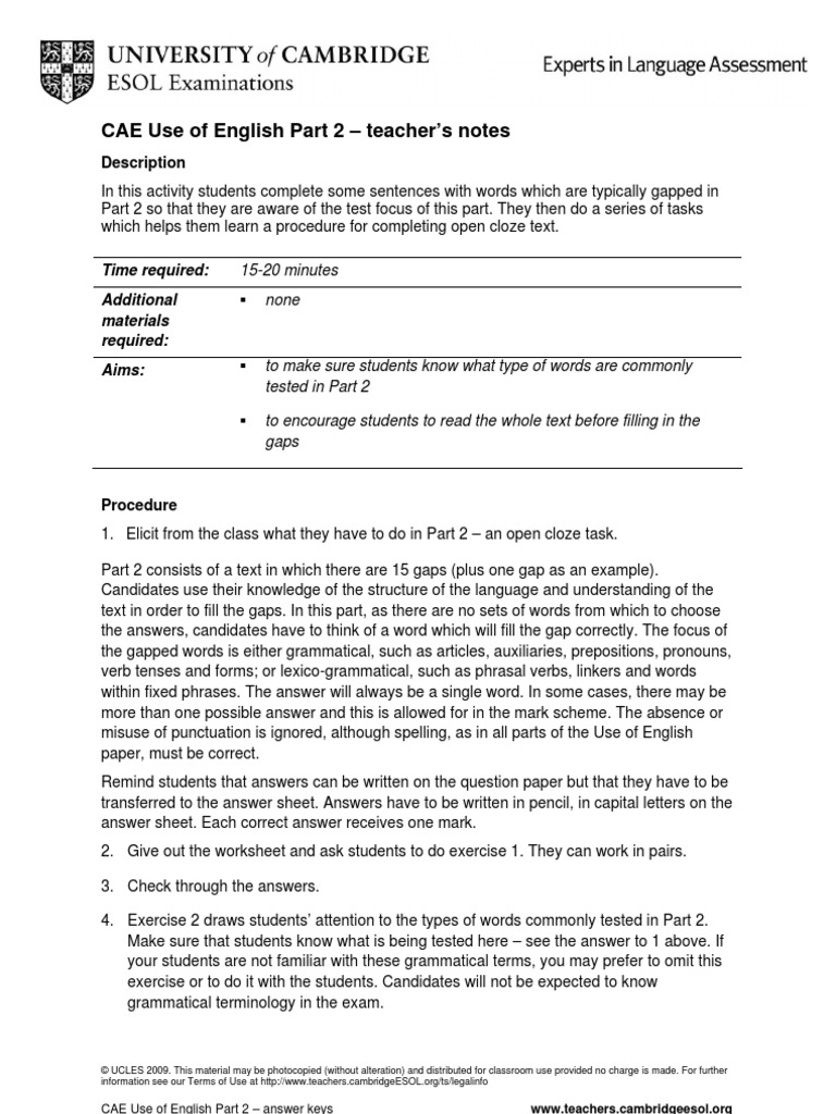 Cae Use Of English Part 2 1 PDF Phrase English Language