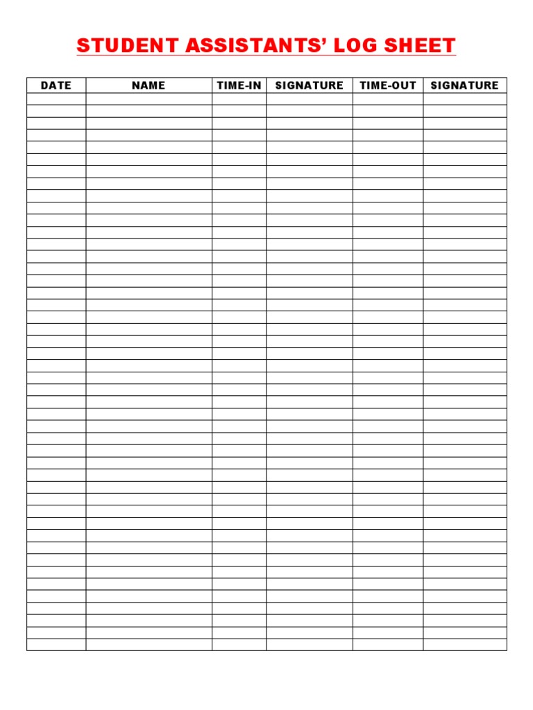 Student Assistants' Log Sheet: Date Name Time-In Signature Time-Out ...