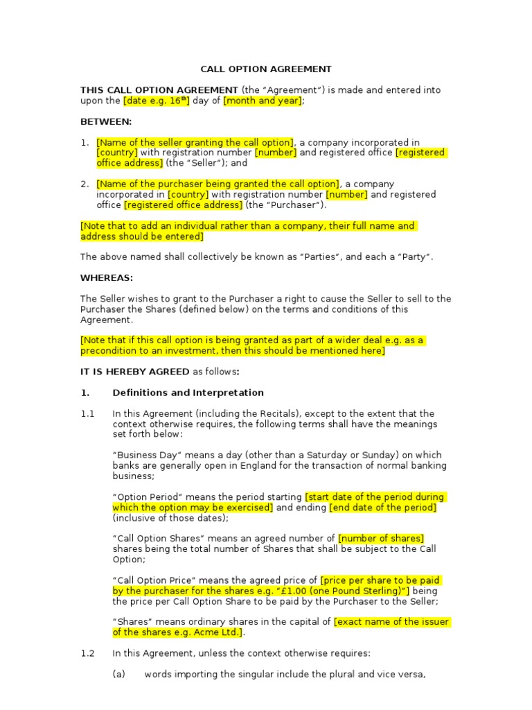 call option agreement free sample | Call Option | Option (Finance)