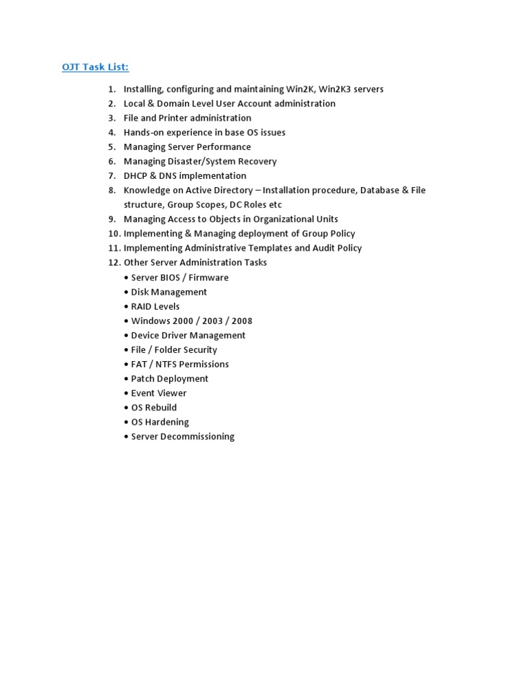 OJT Task List- Windows Proficient Academy