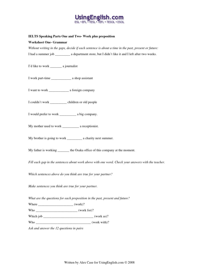 IELTS Speaking Parts One and Two-Work Plus Preposition Worksheet One ...