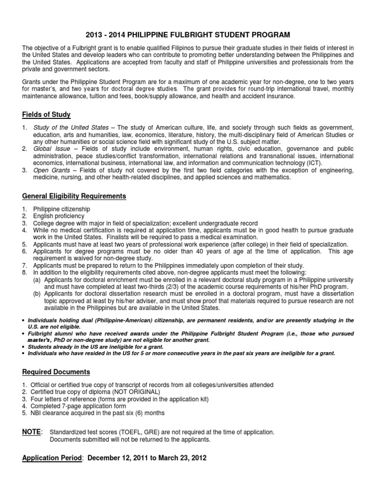 Philippine Fulbright Student Program 2013 2014 Pdf Doctor Of