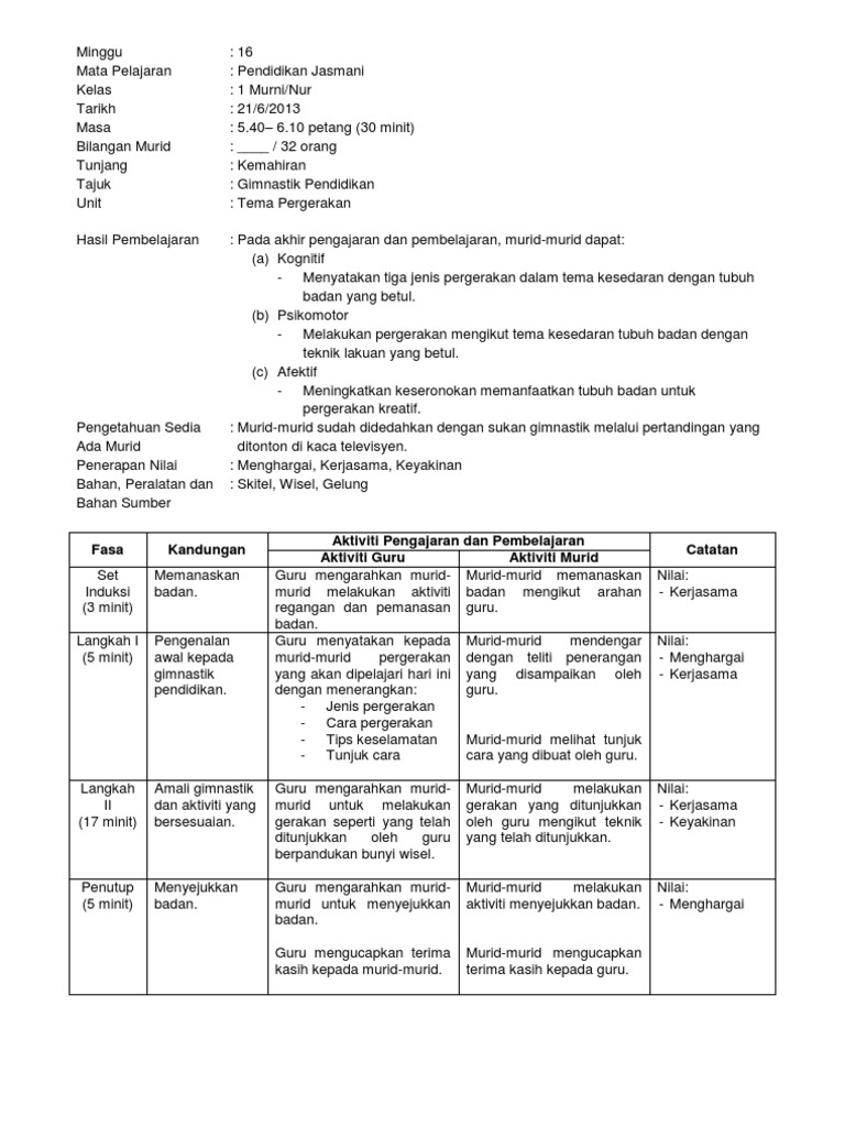 Contoh RPH Untuk Pendidikan Jasmani Tingkatan 1 | PDF