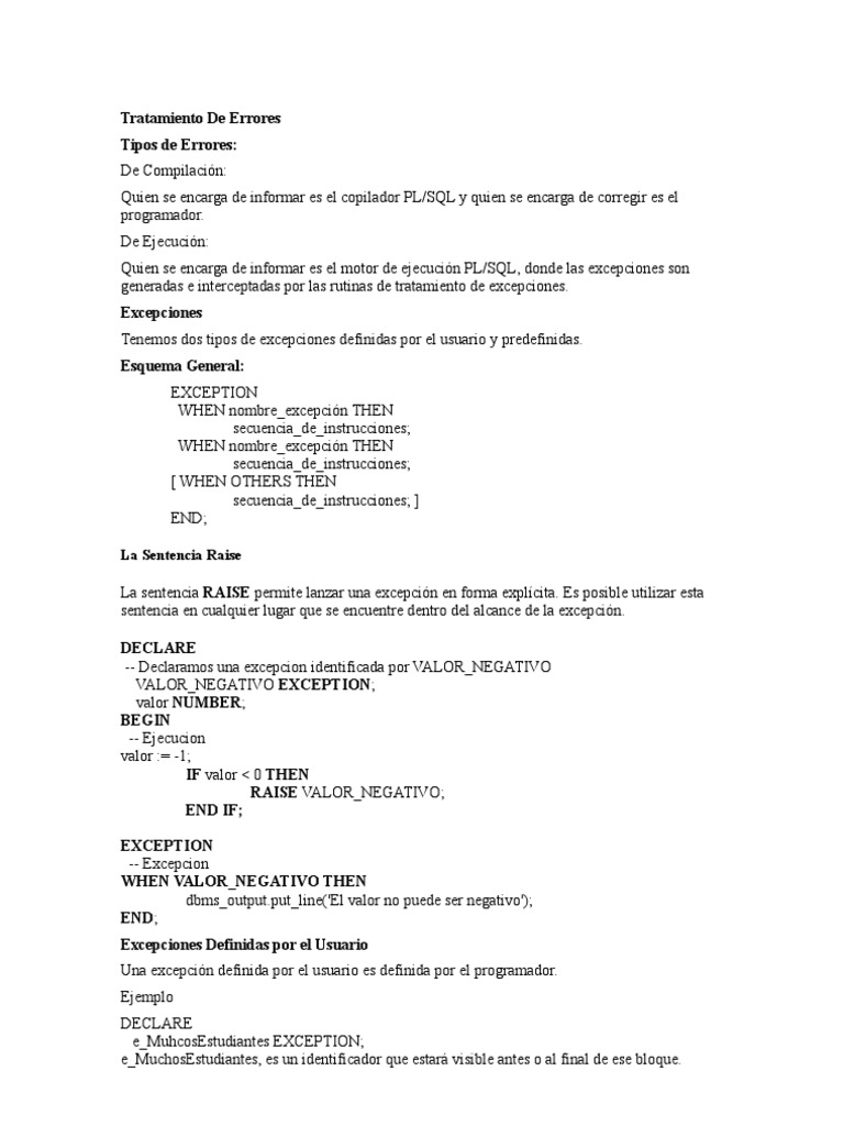 Tratamiento de Errores en Oracle | PDF | Pl / Sql | Desarrollo de software