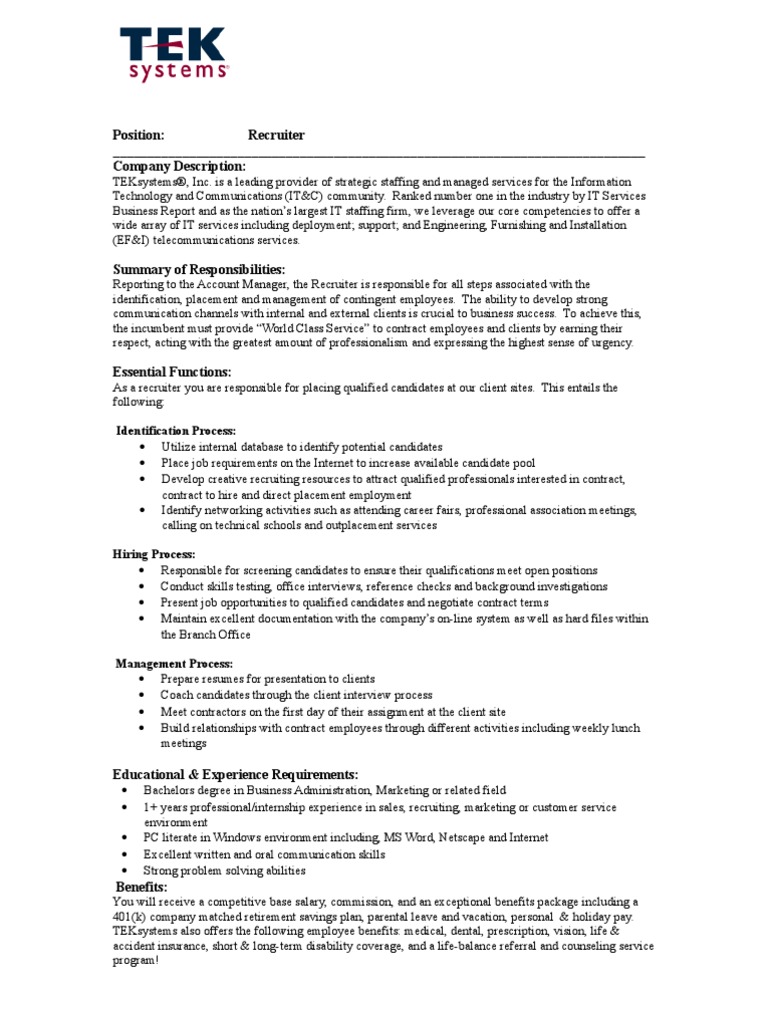 Technical Recruiter Job Description Recruitment Human Resources