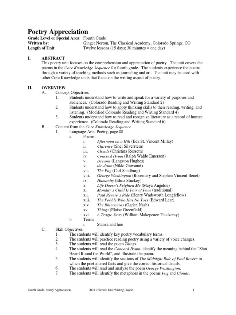Fourth Grade Poetry Unit Overview | PDF | Rhinoceros | Poetry