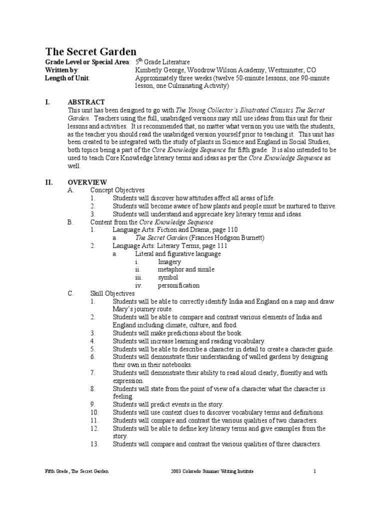 Fifth Grade Unit on The Secret Garden | PDF