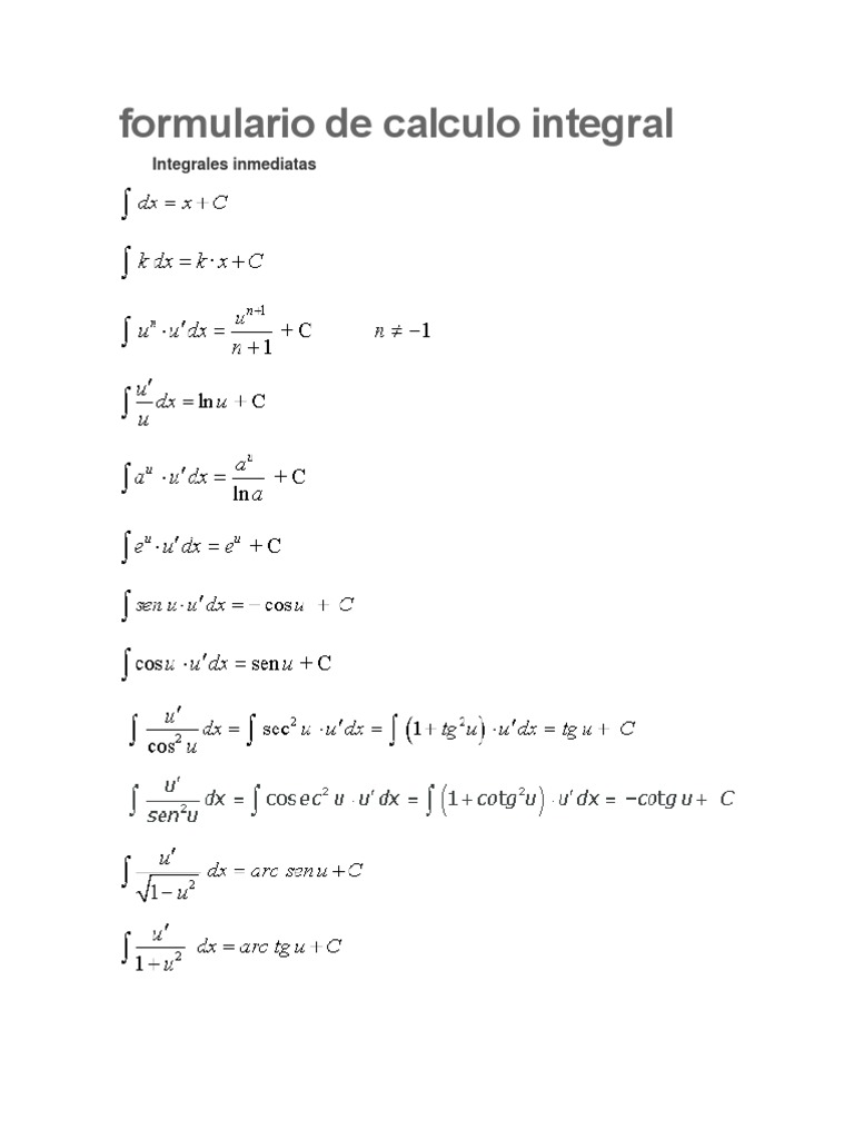 Formulario de Calculo Integral | PDF | Integral | Fracción (Matemáticas)