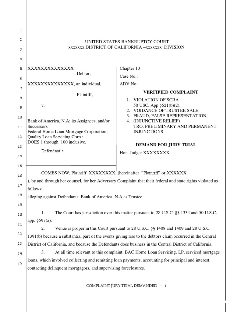 vERFIFIED COMPLAINT VIOLATION OF SCRA 50 USC. App 521 (B) (2) . VOIDANCE OF TRUSTEE SALE FRAUD ...