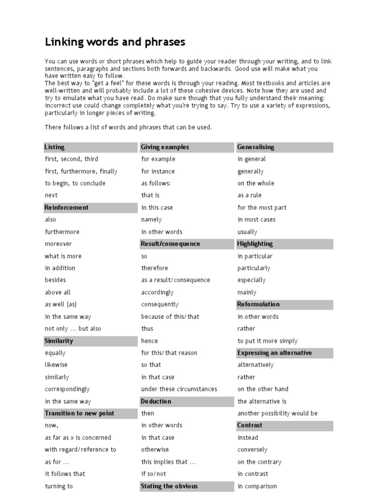 Linking Words and Phrases | PDF | Phrase | United Kingdom