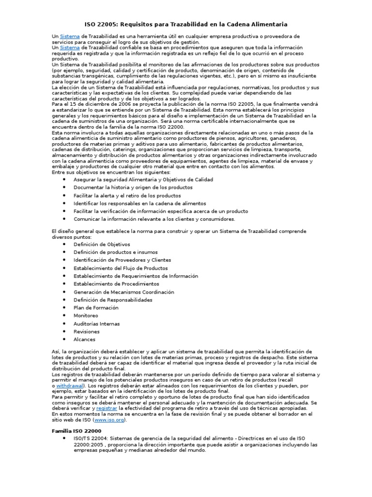 Trazabilidad Alimentaria ISO 22005 | PDF | Calidad (comercial) | Business