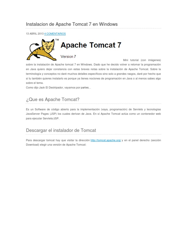 Instalacion de Apache Tomcat 7 en | PDF | Páginas del servidor Java | Java (lenguaje de ...