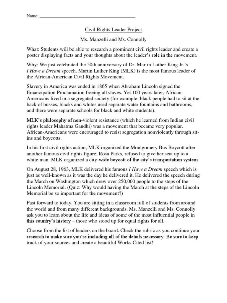 Civil Rights Leader Project and Rubric | PDF | Martin Luther King Jr ...