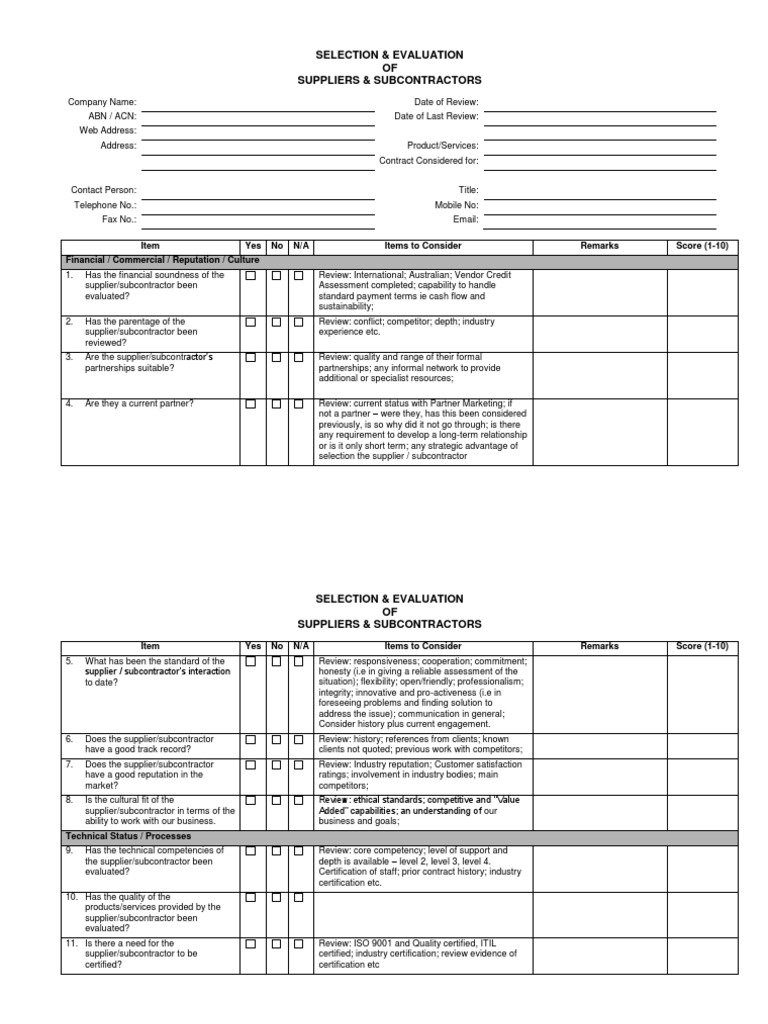 Supplier Selection & Evaluation Template | PDF | Competence (Human ...