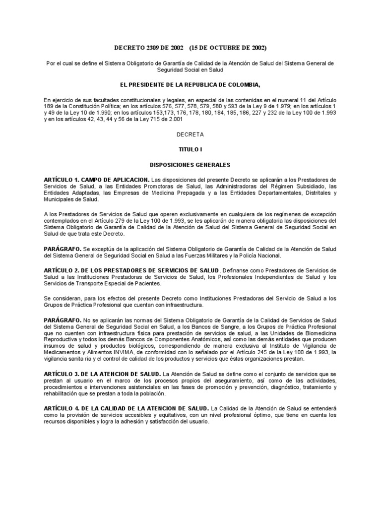 Decreto 2309 de 2002 | PDF | Calidad (comercial) | Cuidado de salud del gobierno