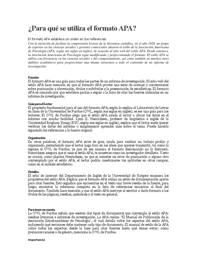 Para qué se utiliza el formato APA | Estilo apa | Lectura (proceso)