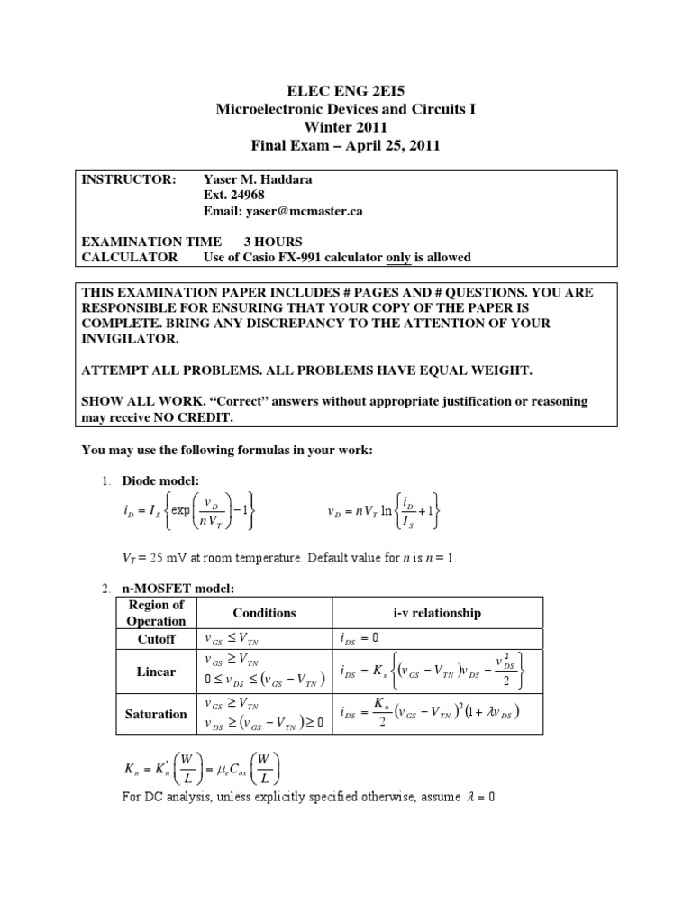Elec Eng 2ei5 Microelectronic Devices and Circuits I Winter 2011 Final ...