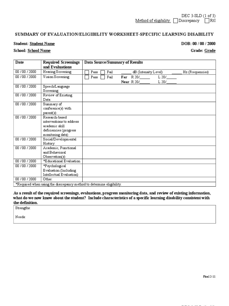 Summary of Evaluation/Eligibility Worksheet-Specific Learning ...