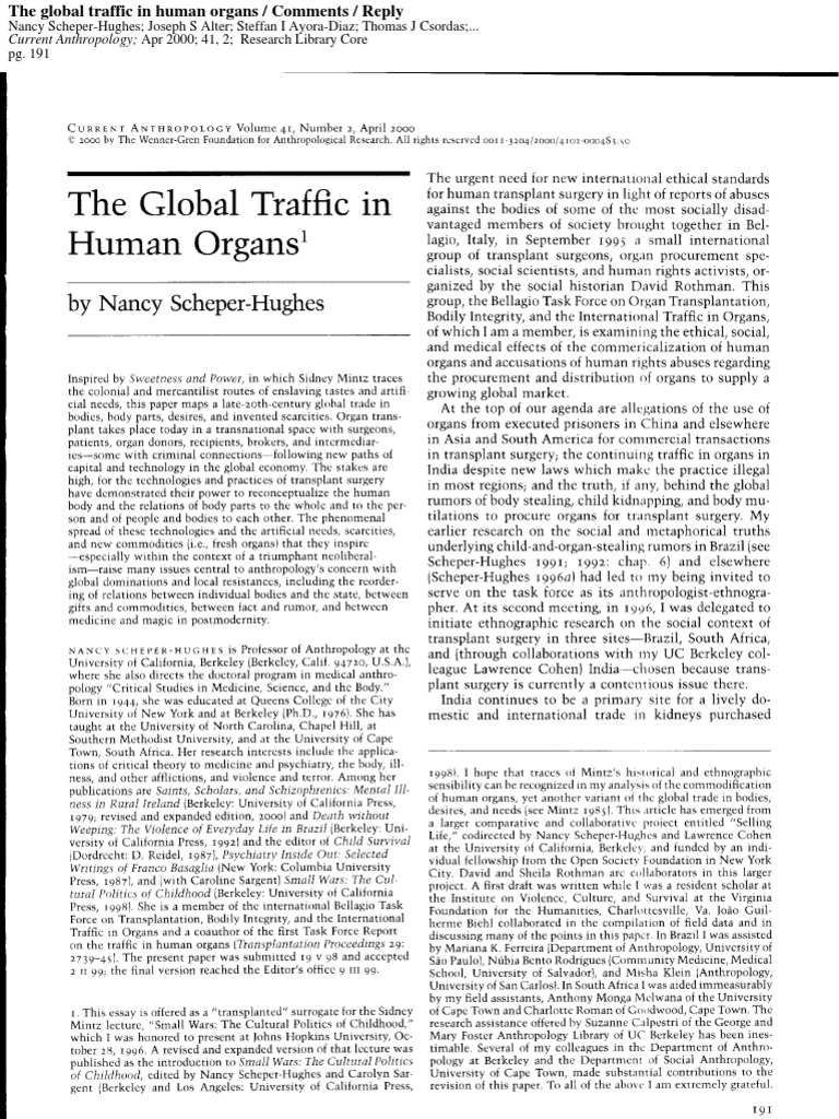 Nancy Scheper-Hughes - The Global Traffic in Human Organs | PDF | Anti ...