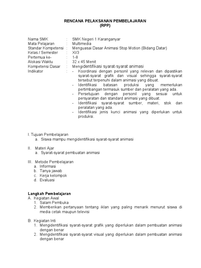 RPP Multimedia: Dasar Animasi Stop Motion | PDF | Seni