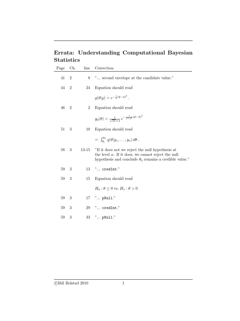 Errata: Understanding Computational Bayesian Statistics | PDF | Matrix (Mathematics ...