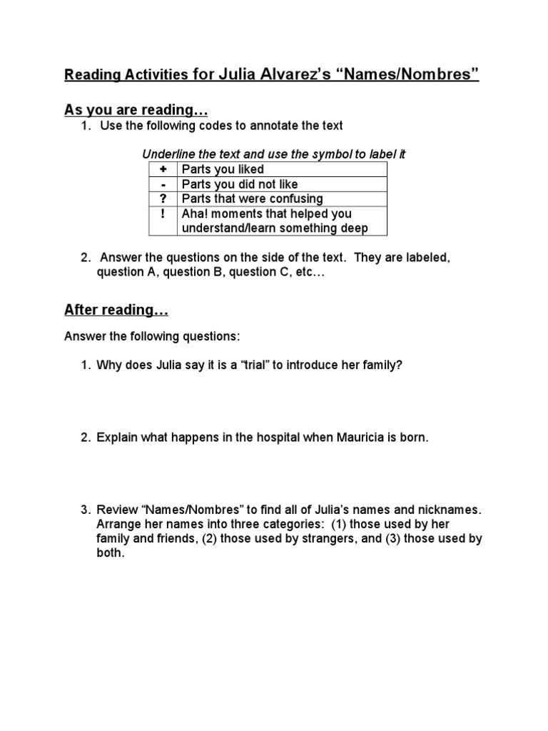 1 2 Reading Activities For Julia Alvarez | PDF