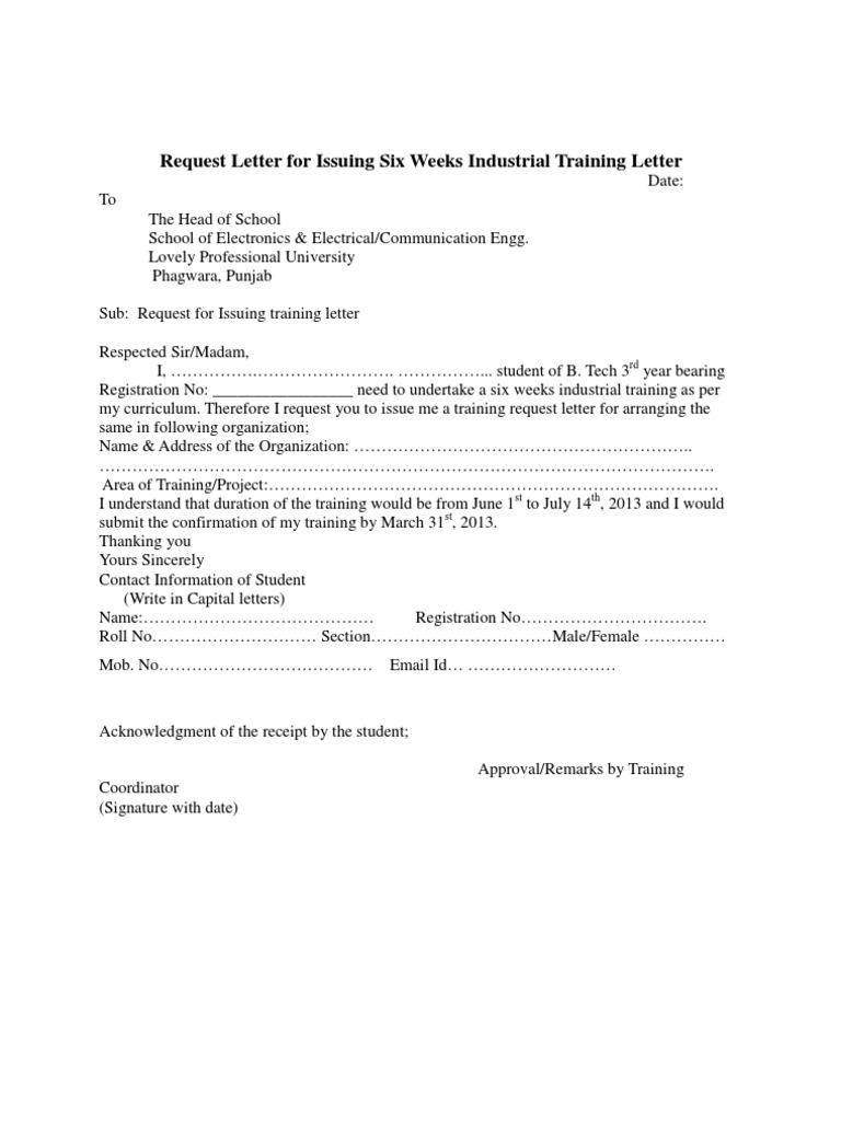 Request Letter For Issuing Six Weeks Industrial Training Letter | PDF