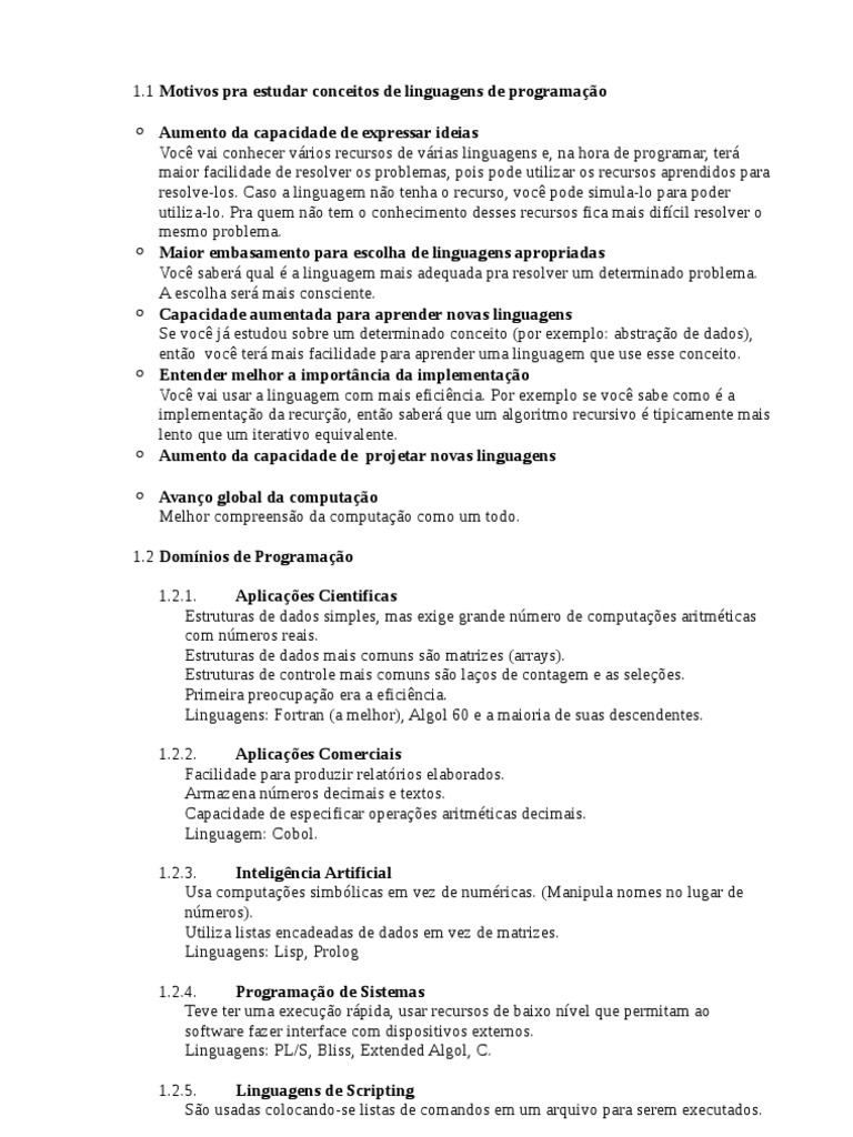Resumo Conceitos de Linguagens de Programação Capítulo 1 | PDF ...