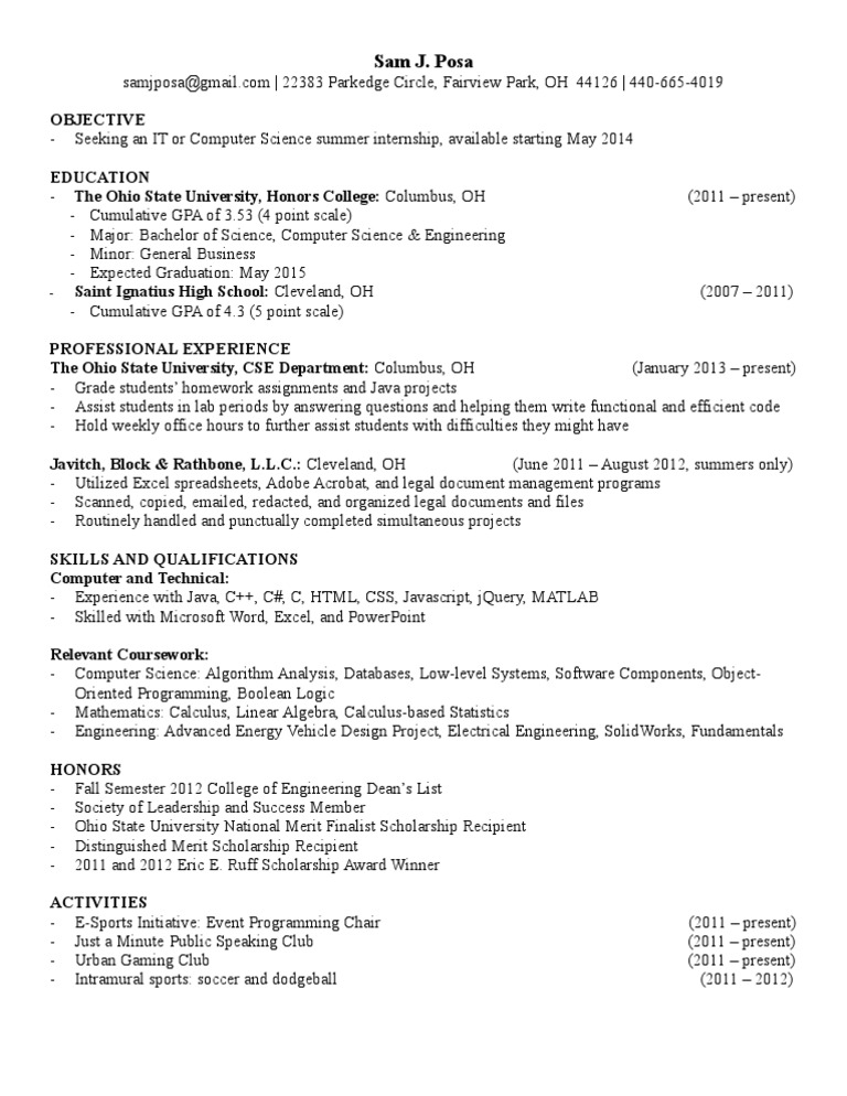 Sam Posa's IT Internship Resume | PDF | Career & Growth | Computers