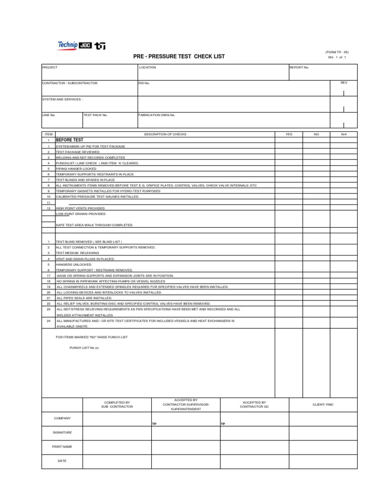 Pre-Pressure Test Checklist | PDF | Technology & Engineering