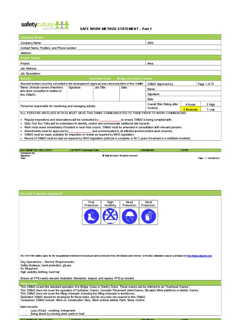 Safe Work Method Statement - Part 1: Company Details | PDF | Crane ...