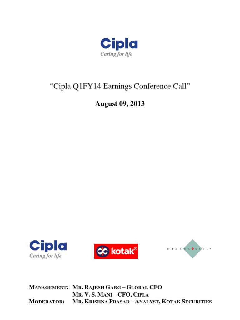 "Cipla Q1FY14 Earnings Conference Call": August 09, 2013 | Download ...