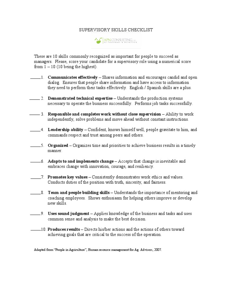 Essential Supervisory Skills Checklist | PDF