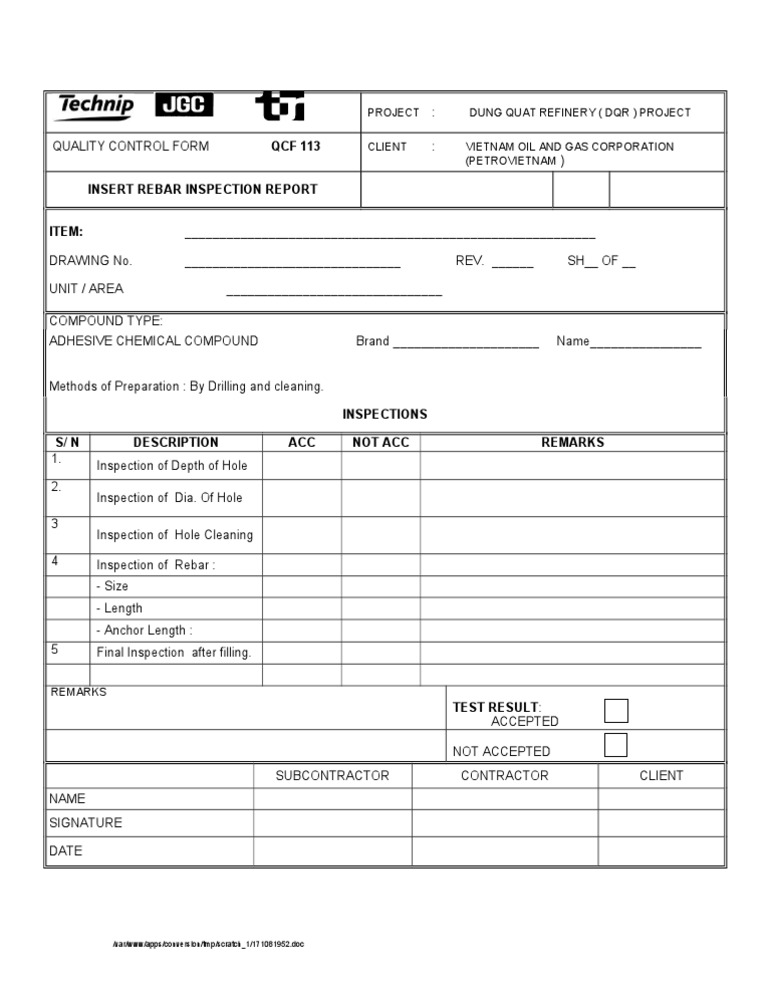QCF113 Insert Rebar Inspection | PDF | Business | Technology & Engineering