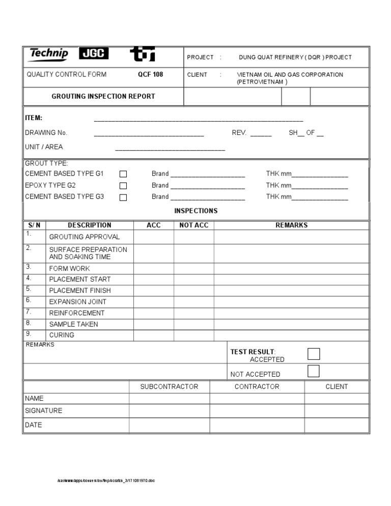 Grouting Inspection Report Template | PDF | Building Materials ...