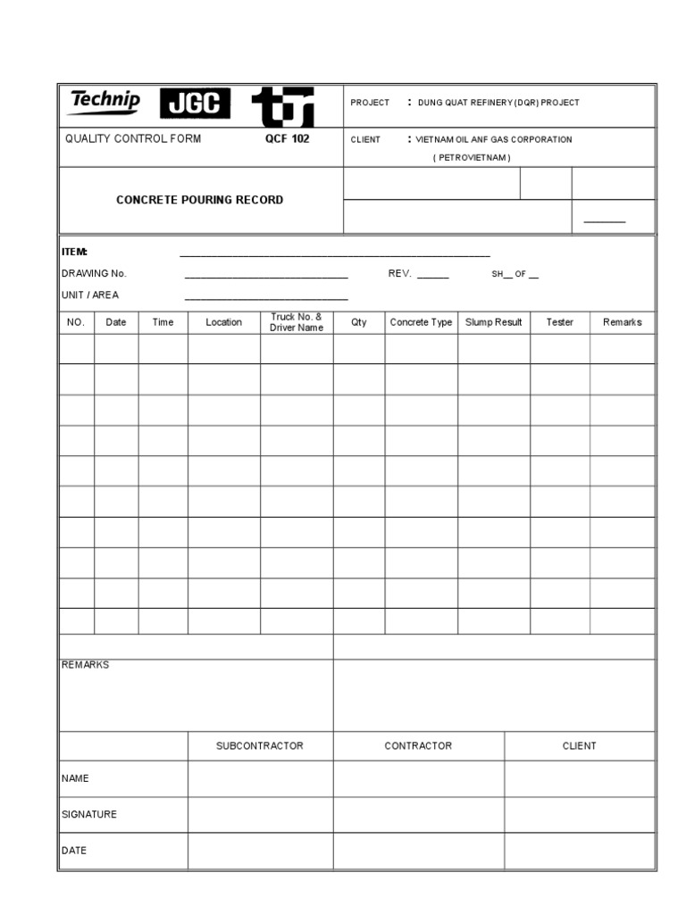 QCF102 Concrete Pouring Record