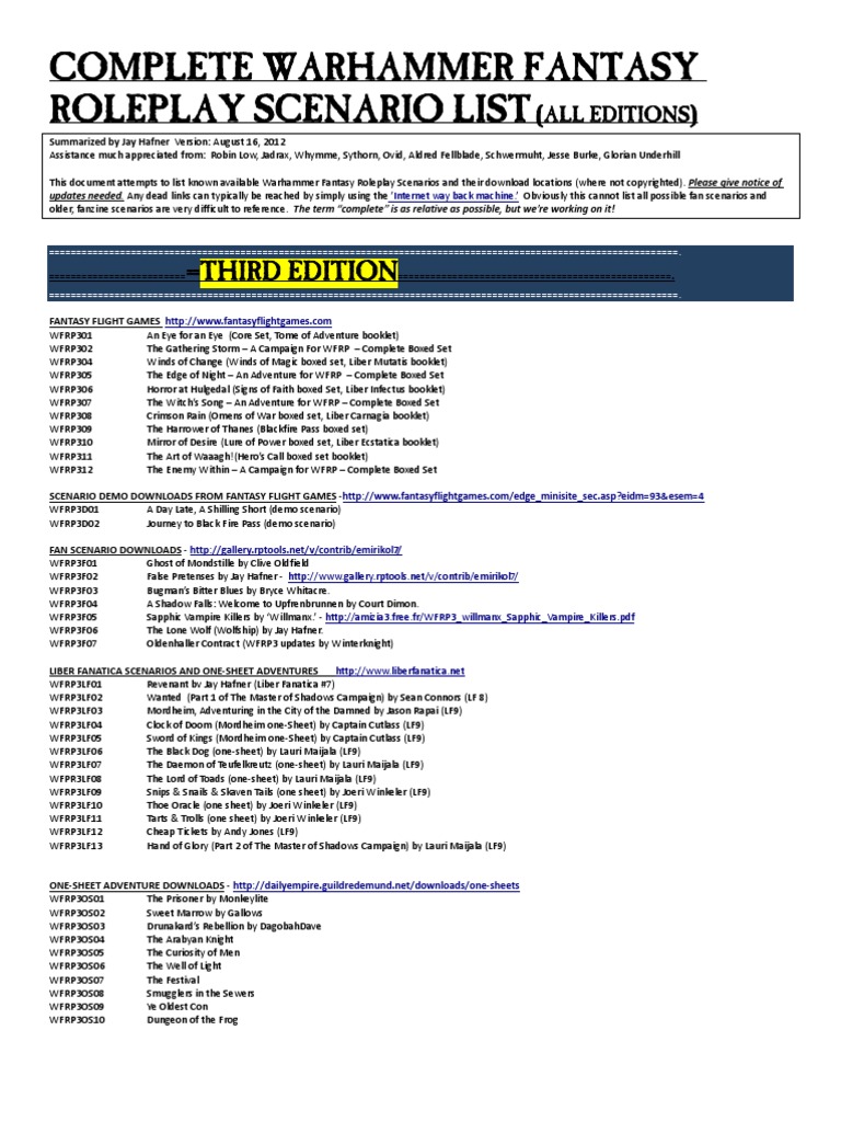 WFRP Complete Scenario List and Download Links | PDF | Fantasy | Leisure
