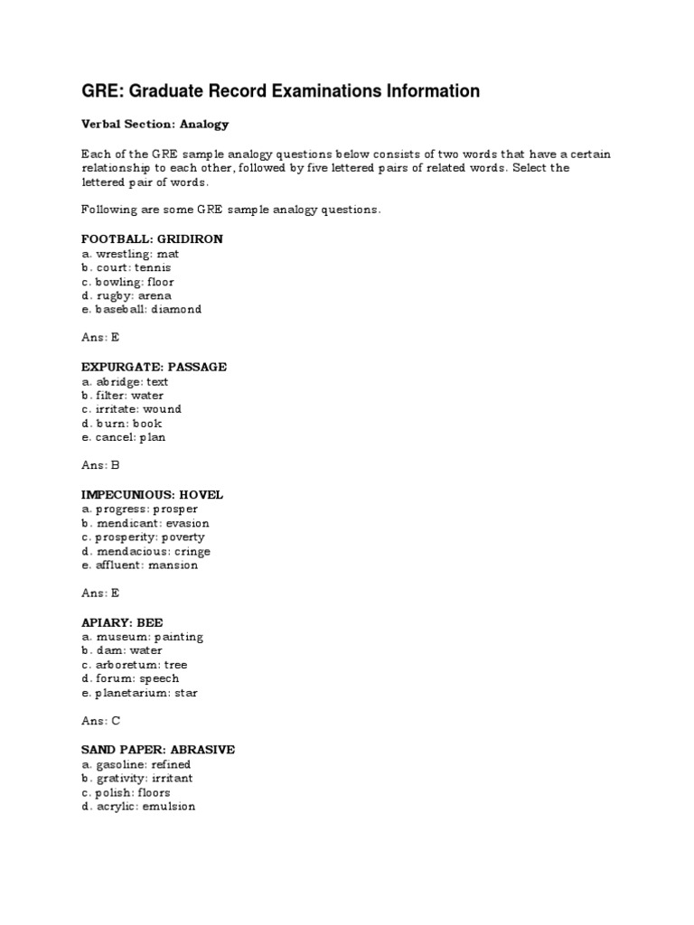 GRE Analogy Sample Questions | PDF | Graduate Record Examinations | Nature