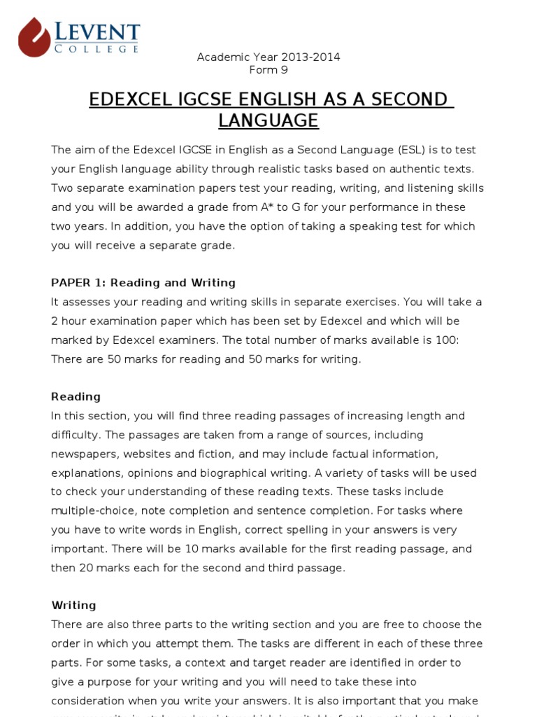 Igcse Edexcel | PDF | Reading (Process) | English As A Second Or ...