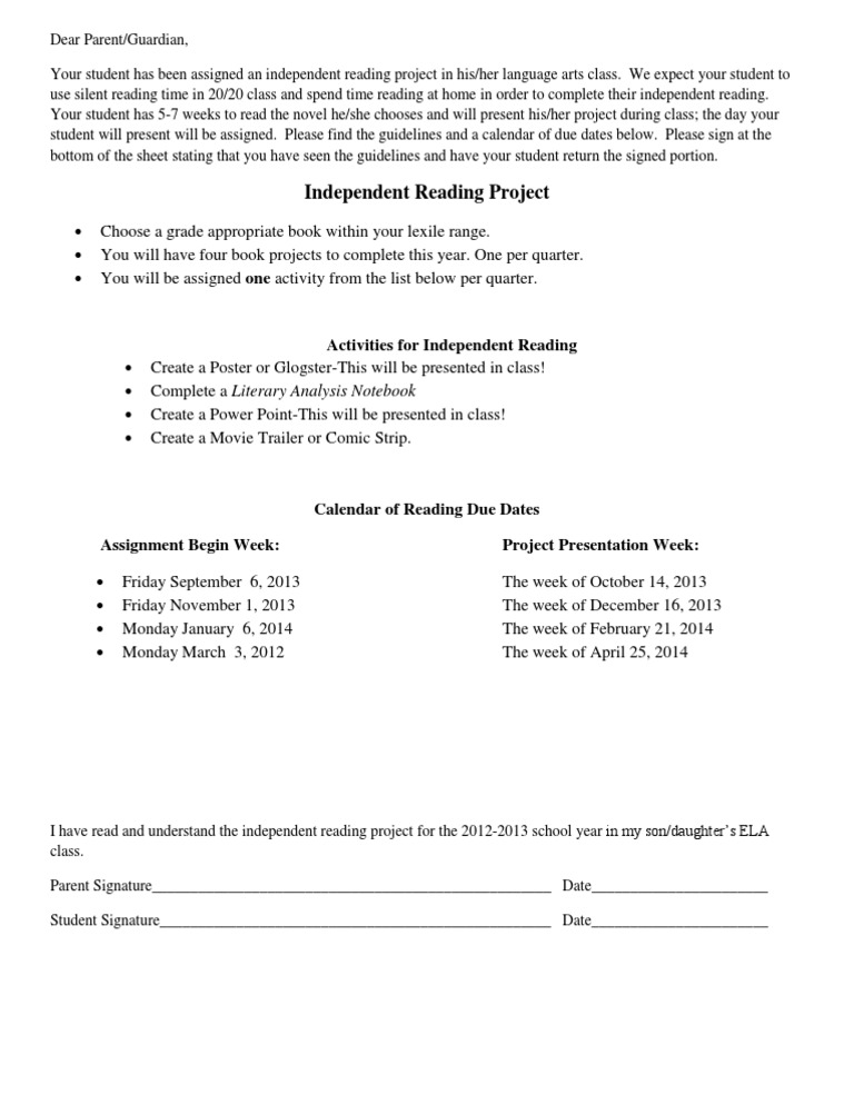 Parent Guide: Student Reading Project | PDF
