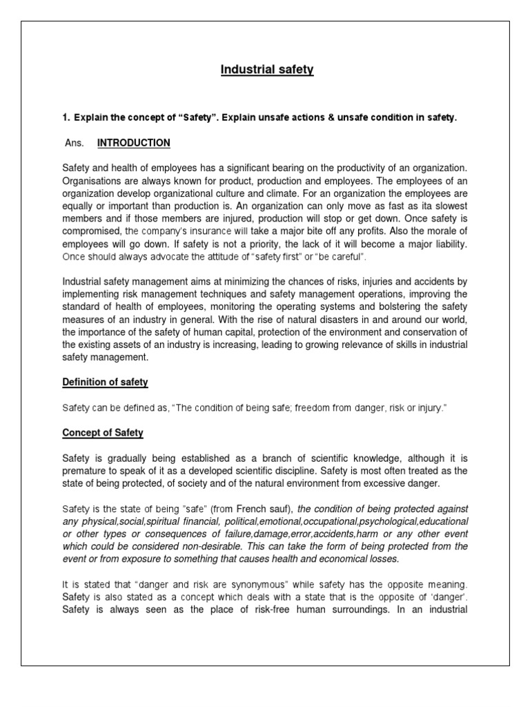 Industrial Safety: 1. Explain The Concept of "Safety". Explain Unsafe ...