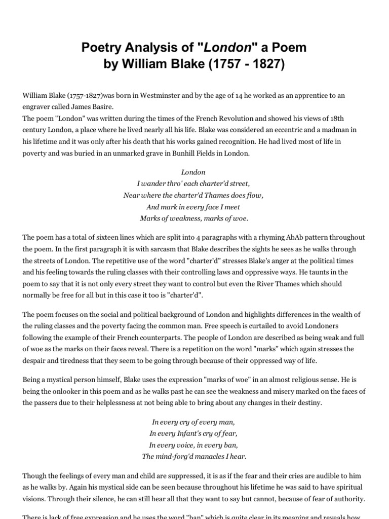 Poetry Analysis of "London" A Poem | PDF | William Blake | Poetry