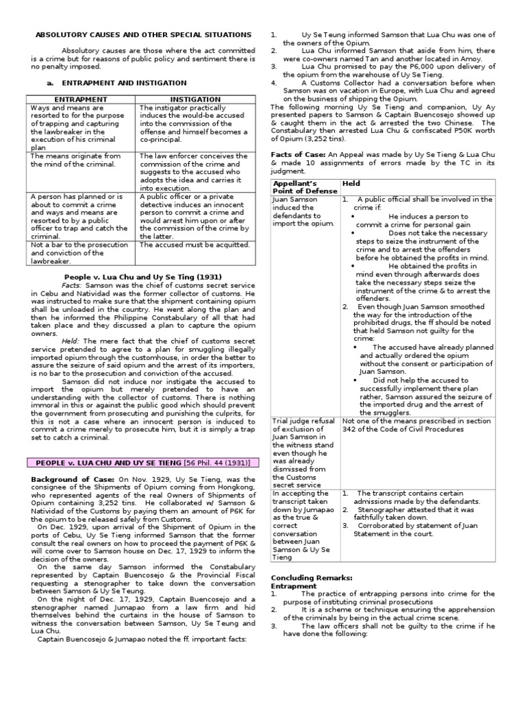 Absolutory Causes and Entrapment Explained | PDF | Entrapment | Crime ...