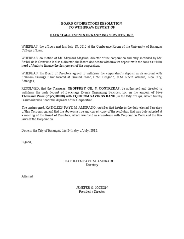 Board Resolution - Withdraw | PDF