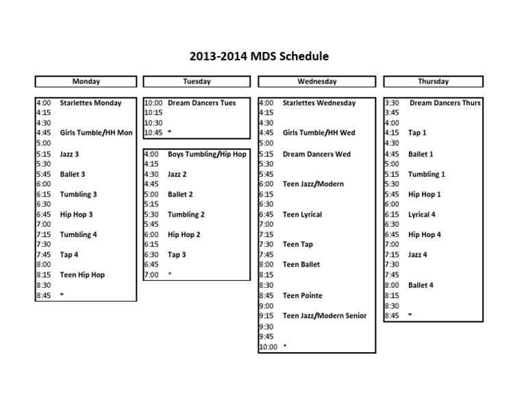 2013 - 2014 MDS Schedule: Monday Tuesday Wednesday Thursday | PDF