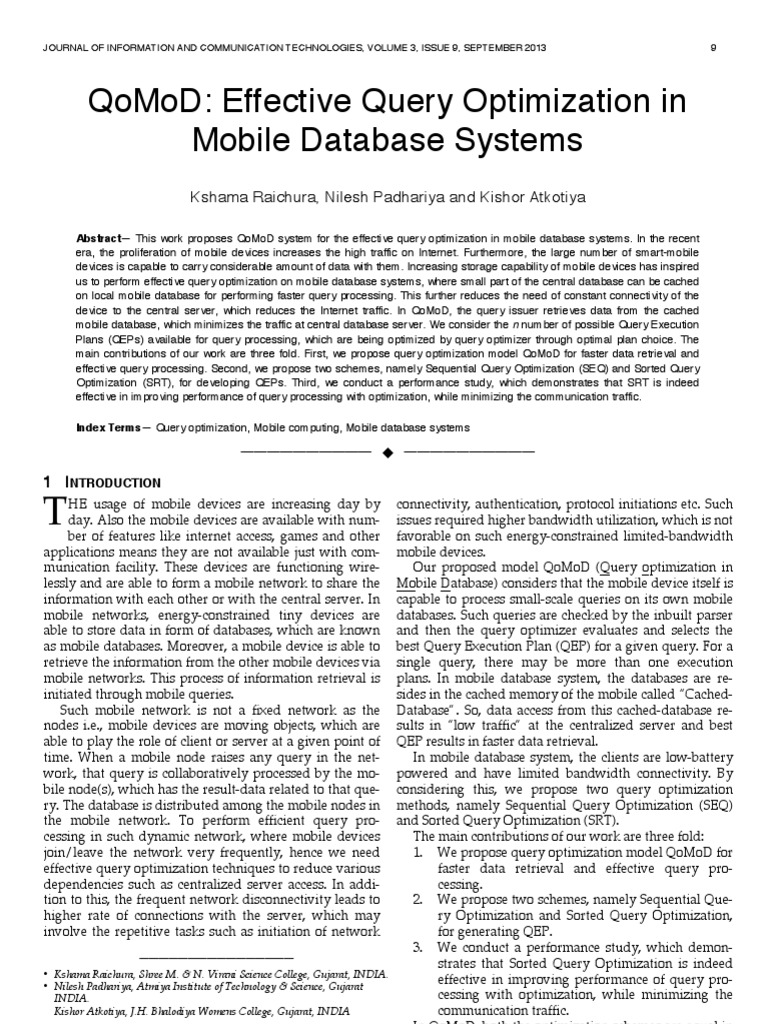 QoMoD: Effective Query Optimization in Mobile Database Systems | Download Free PDF | Databases ...