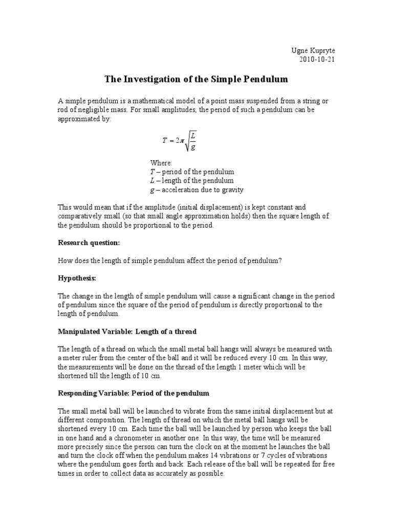 Simple Pendulum Experiment Analysis | PDF | Pendulum | Uncertainty
